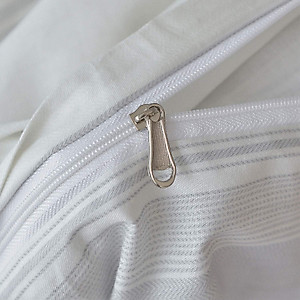 OREISE Duvet Cover Set Full/Queen Size 100% Cotton White/Light Gray Printed Striped Reversible Design 3Piece Bedding Set (1 Duvet Cover + 2 Pillow Shams) with Zipper Closure Soft Breathable