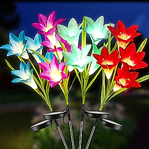Flacchi 4 Pack Solar Lily Flower Lights with 16 Larger Lily Flower, Color Changing Landscape Lighting Outdoor Waterproof Solar Garden Lights Path Lights for Garden Patio Walkway Pathway