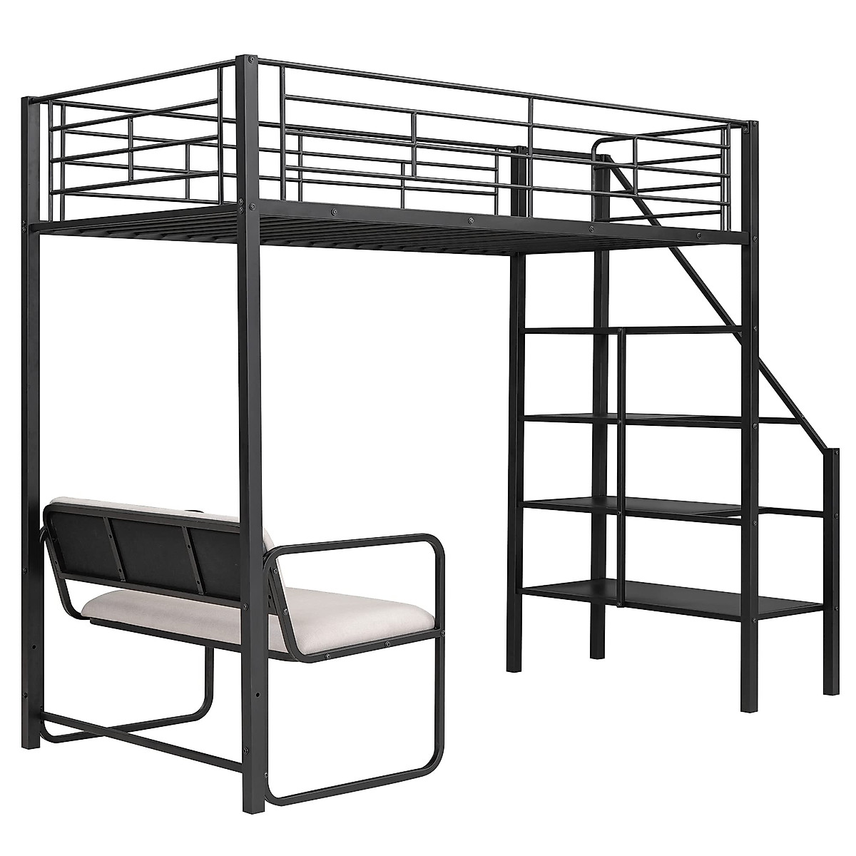 Twin Size Loft Bed with Storage Staircase and Bench, Metal Twin Loft Bed Frame for Kids Teens, Twin High Loft Bed, Metal Loft Bed with Full Length Guardrail and Slat (Twin, Black)