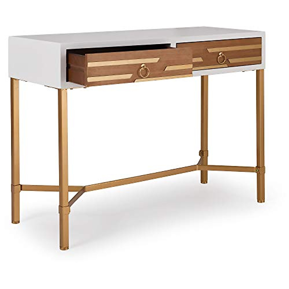Adore Decor Jupiter Console Table with 2 Drawers, Mid Century Modern Rectangular Small Space Accent Desk for Living Room, Entryway, Home Office, Metal Legs, Easy Assembly, White and Gold