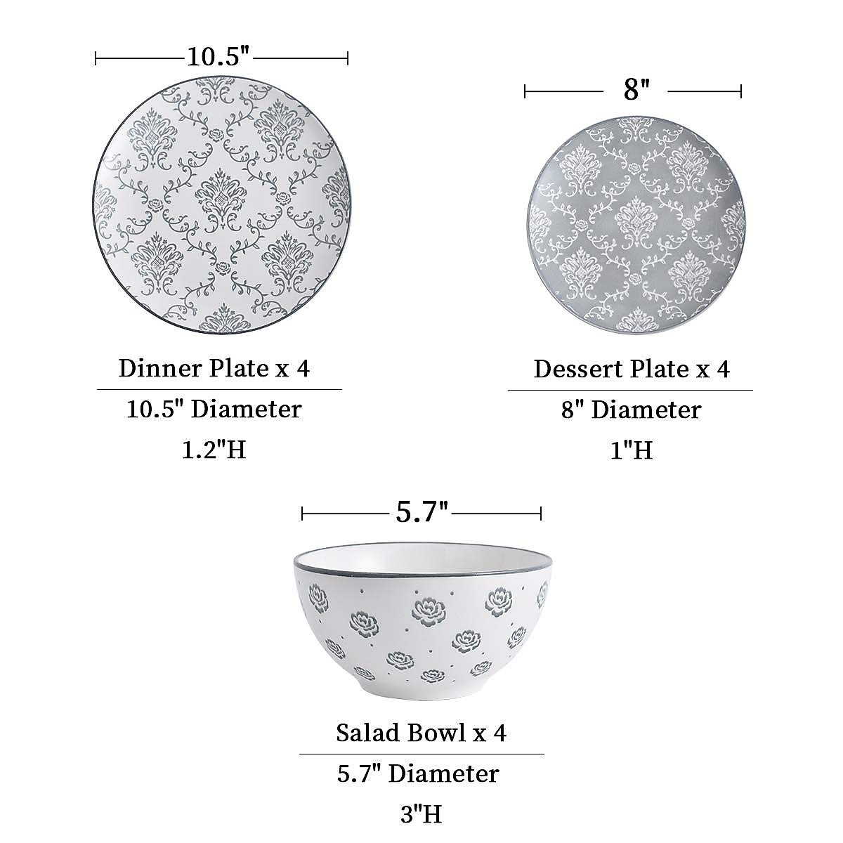 Original Heart 12-Pieces Dinnerware Sets Ceramic Dish Set, Plates and Bowls Sets, Dishes Set for 4, Nonstick Plate Set, Durable Stoneware Plates, Dishes, Soup and Cereal Bowls, Grey, for kitchen
