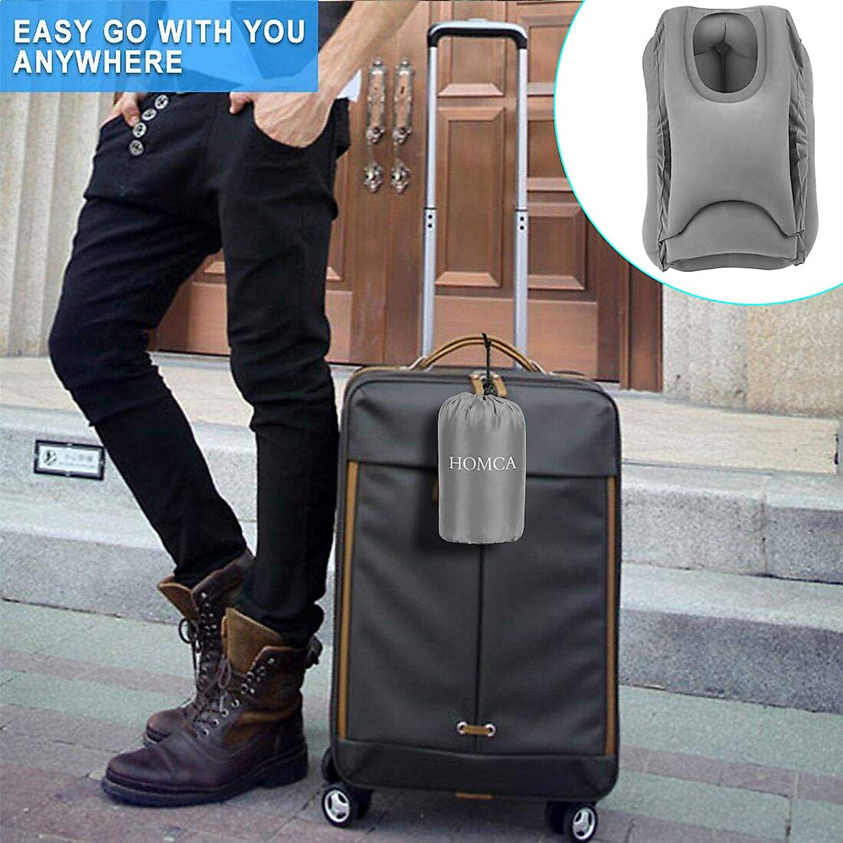 HOMCA Travel Pillow, Portable Head Neck Rest Inflatable Pillow from, Design for Airplanes, Cars, Buses, Trains, Office Napping, Camping - Includes Free Eye mask