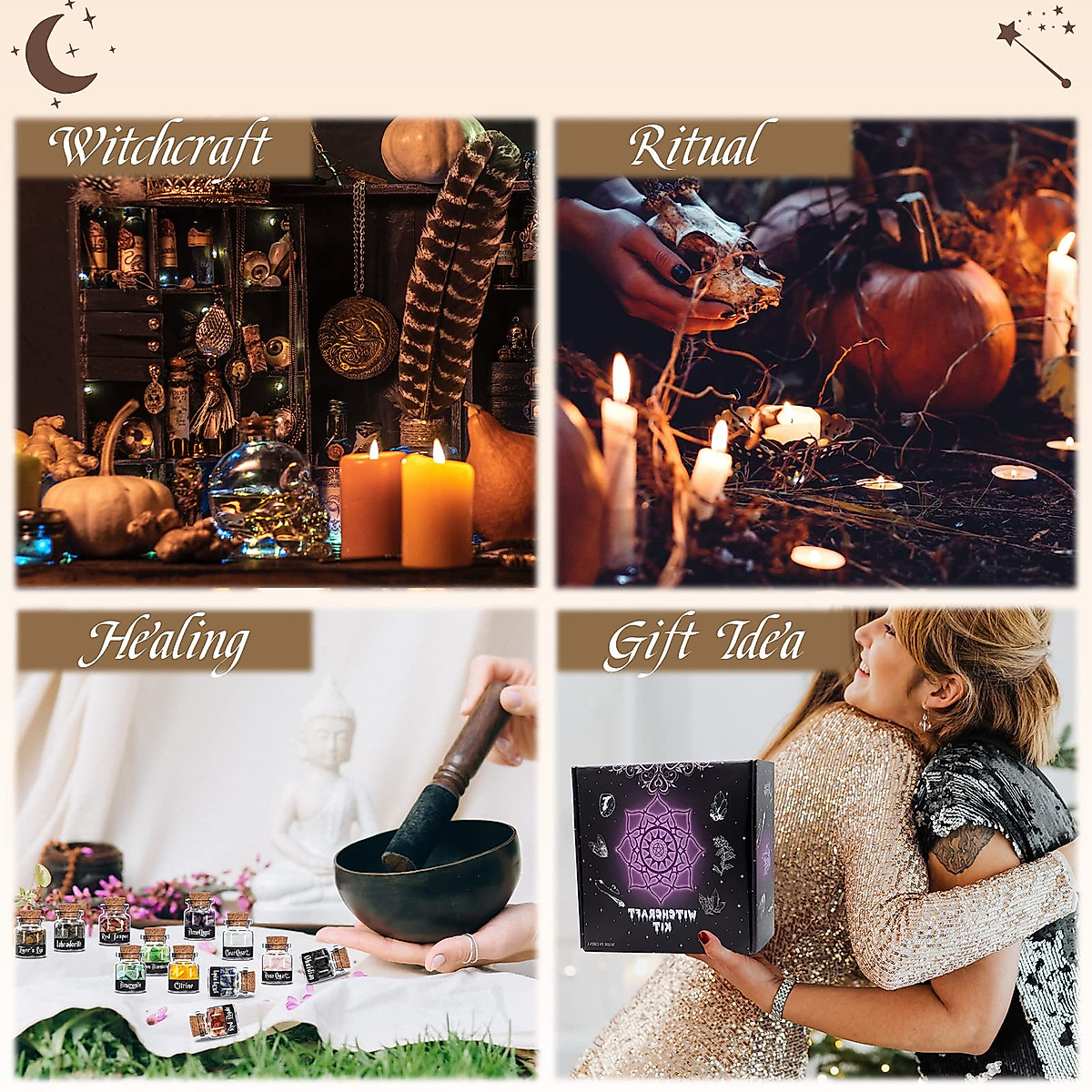 WELLPICK 41PCS Witchcraft Supplies Kit Box for Witch - Crystals Spell Jars for Witches - Herbs for Witchcraft - Spell Candles and Pendulum for Wiccan - Witchy Gift for Women (41PCS)