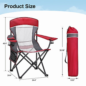 HIGH POINT SPORTS Portable Mesh Back Camping Folding Chair, Portable Camping Chair for Adults, Heavy Duty Fishing Lawn Chair, Padded Collapsible Outdoor Chair for Adults, Outdoor, Garden, Patio, Red