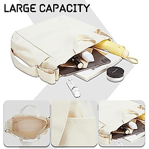 Plusfeel Canvas Tote Bag, Stylish Satchel Bag Lightweight Cotton Cross Body Top Zipper Closure Handbags for Women White