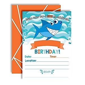 Smiling Shark Bite Birthday Party Invitations, 20 5x7 Fill In Cards with Twenty White Envelopes by AmandaCreation