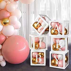 Baby Boxes with Letters for Baby Shower, 6pcs Transparent Boxes with 2 Set of A-Z+B Letter and 45pcs Balloons for Girl Baby Shower Decoration, Birthday Party Block, Bridal Shower Decor Backdrop
