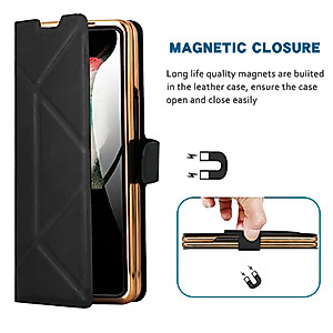 Soyeacrg Designed for Samsung Galaxy Z Fold 5 2023 Case, Premium PU Leather Luxury Electroplated Gold PC Frame Folio Flip Shockproof Case with Built-in Screen Protector & S Pen Holder,Brown