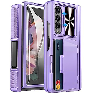 Viaotaily for Galaxy Z Fold 3 Case with Kickstand & Hinge Protection & Screen Protector, Built-in Credit Card Holder & Sliding Camera Lens Cover, Sturdy Wallet Phone Case for Samsung Z Fold 3, Purple