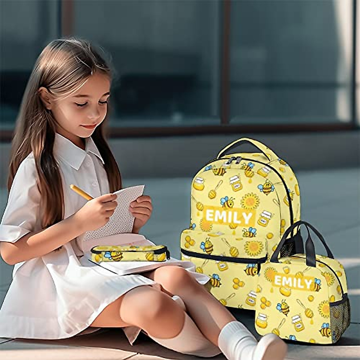 PAKKITOP Custom Bee Backpack with Lunch Box and Pencil Case Set, Personalized 3 in 1 Matching Kids Girls Yellow Backpacks Combo, Cute School Bookbag and Pencil Case Bundle