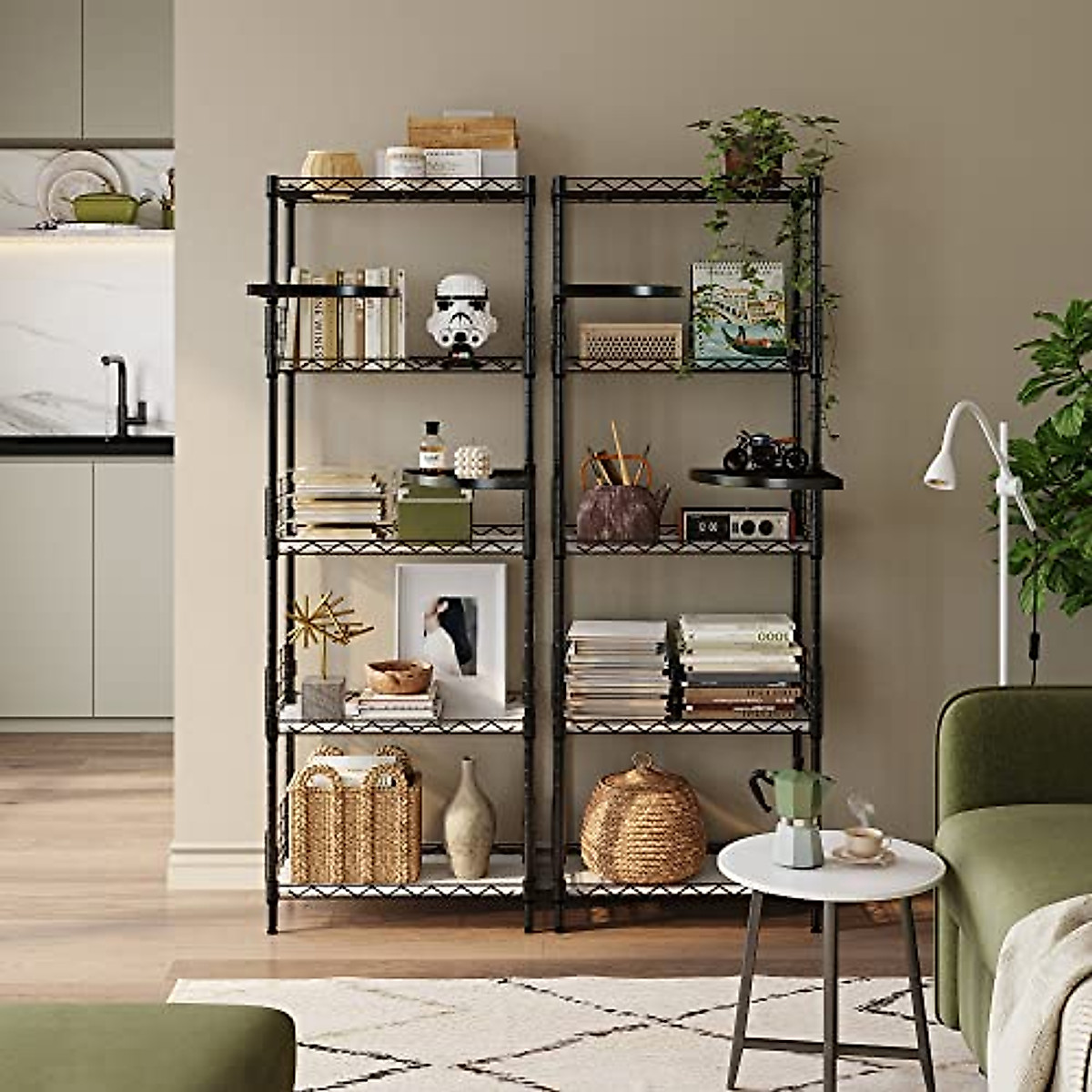 LINSY HOME 5-Tier Storage Shelves with 2 Rotatable Shelves, Height Adjustable Metal Pantry Shelves with 5 Hooks and Shelf Liners, Heavy Duty Metal Shelving, Wire Shelving for Kitchen, Bathroom -Dark