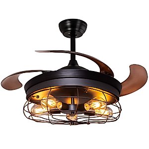 Ohniyou Retractable Blades Ceiling Fan with Lights and Remote, Rustic Industrial Ceiling Fan Ideal for Farmhouse, Patio, Kitchen, Bedroom, Living Room (42 Inches, Black)