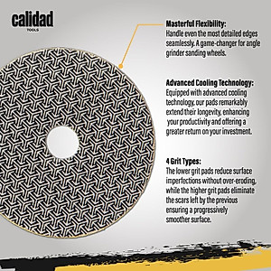 Calidad 4" Electroplated Diamond Polishing Pad Set for Perfect Finishing of Tile & Porcelain. Professional Pads for Angle Grinders. Expertly Designed for Dry/Wet Applications. Grits 60-100-200-400