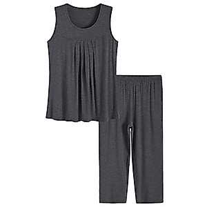 Latuza Women's Summer Pleated Tank Top Capris Pajamas Set M DarkGray