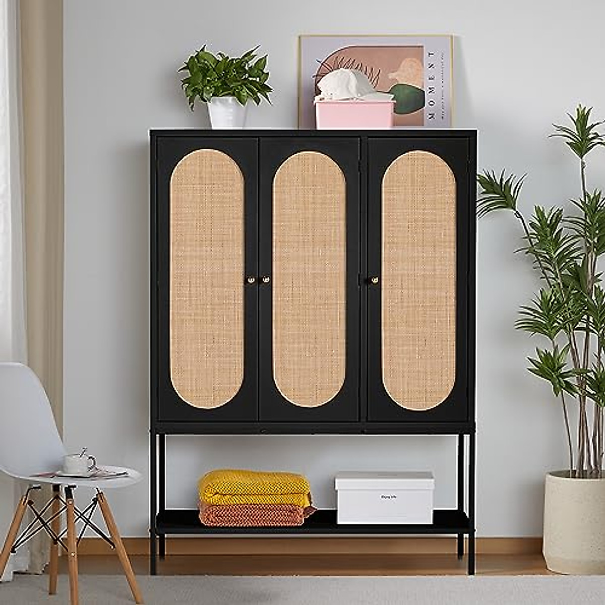 Large Armoire Wardrobe Closet with 3 Doors, Rattan Wardrobe Cabinet with Shelves and Hanging Rail for Clothes, Freestanding Wooden Black Closet for Bedroom, Black (47.24" W x 18.89" D x 62.99" H)
