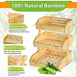 Gmtsl Bamboo Fruit Basket – 3 Tier Fruit Bowl For Kitchen Counter, Large Capacity Fruit Holder With 2 Banana Hangers, Idea For Fruit and Vegetable Storage, Bread Basket, Snack Organizer(BAMBOO)