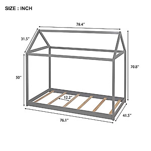 P PURLOVE Twin House Floor Bed Frame for Kids,Girls,Boys,Twin Size Montessori Floor Bed Frame with Roof,Twin Platform Bed Frame with Slat,Gray