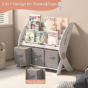 HedoAjim Kids Bookshelf Small 4 Sling Wood Book Rack Kids Room Bookcase Display Stand with 3 Toy Storage Organizer Cube Bins Children Toddler Baby Gift Boys Girls Bedroom Playroom Nursery