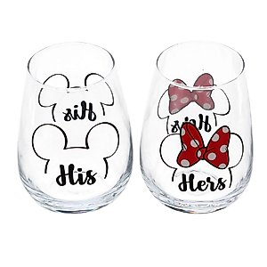 Disney Mickey & Minnie His and Hers Outline Stemless Glass, Set of 2