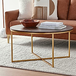 Walker Edison Cora Modern Round Faux Marble Top Coffee Table with X Base, 36 Inch, Walnut and Gold