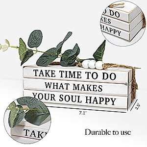 3 Pieces Wooden Decorative White Books, Rustic Farmhouse Book Stack, Faux Books for Coffee Table Shelves with Wood Bead Tassels and Leaves, for Modern Home Decor, 7'x 4.6'x 2.5'