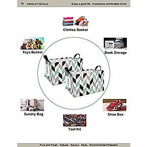 ONOEV 2 Pack Rectangular Fabric storage box,decorative basket and finishing basket with handle are used for the storage of clothes,books and sundries(2 Pack Green geometry)