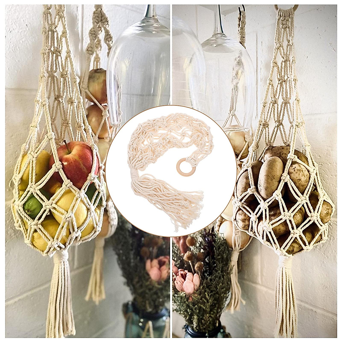 Cabilock 1pc Cotton Rope Hanging Basket Storage Basket Macrame Hanging Planter Space Saving Fruit Hanging Wall Basket Macrame Fruit Hammock Storage Mesh Bags Pendant Shopping Potato Wood