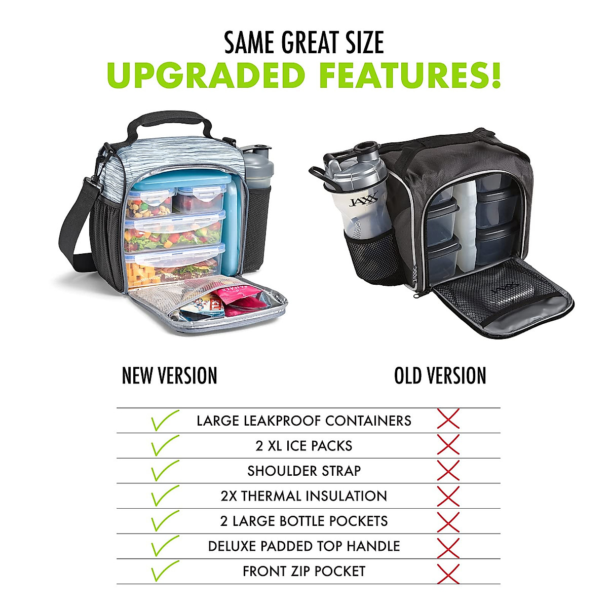 Fit & Fresh JAXX, 9pc Meal Prep Lunch Bag, Gray, Unisex, Polyester, Large Capacity, Insulated, With Containers, Ice Packs, Shaker Bottle