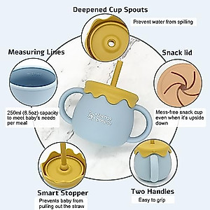 teensy peepsy Honeypot 100% Silicone Baby Training Cup, 2-in-1 Toddler Sippy Cup with Straw & Snack Cup Lid, 8.5 oz Drinking Cup for Babies 6 Months+, Toddler Smoothie Cup (Honey Jar Blue)