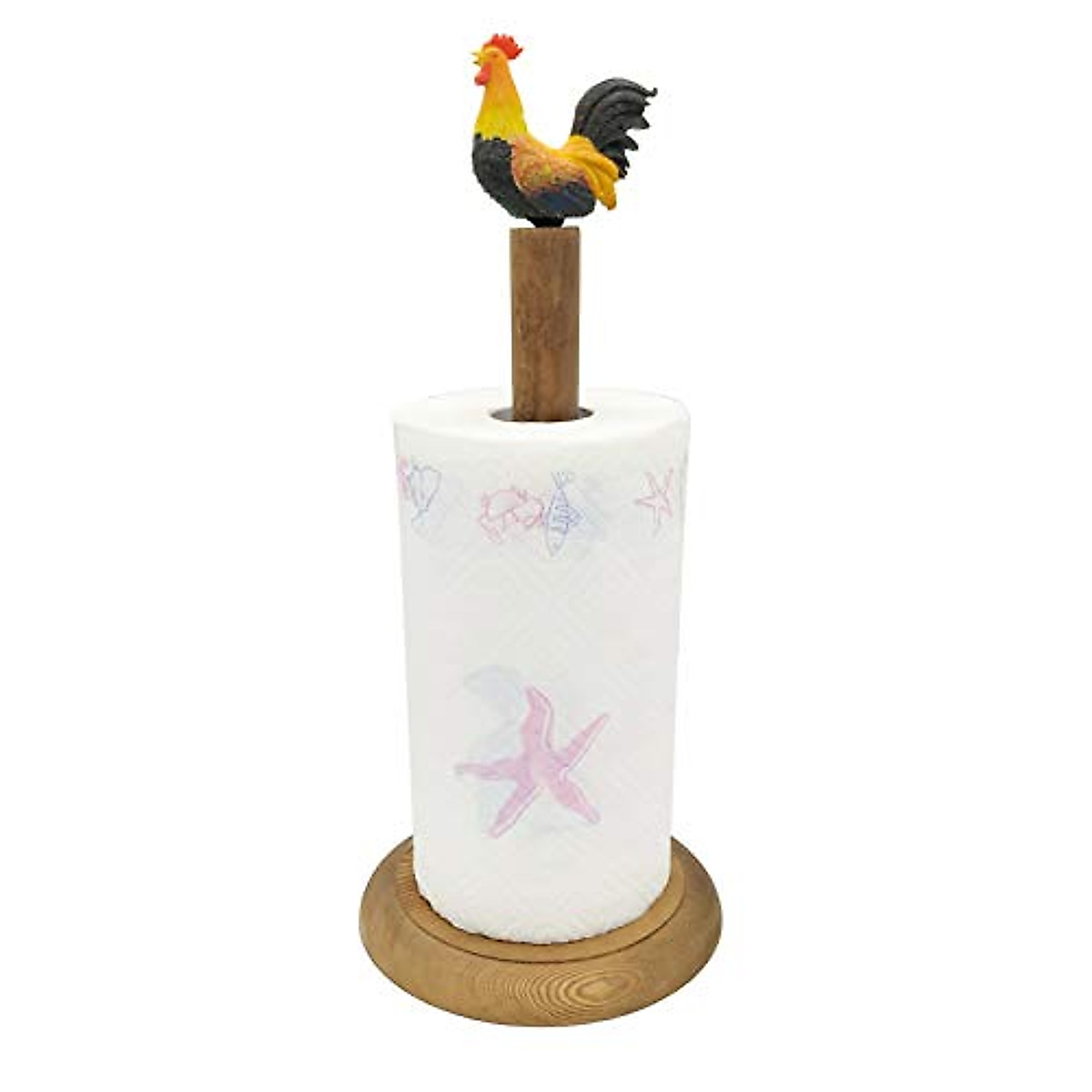 Rooster Design Rustic Brown Wood Paper Towel Holder Stand Up Paper Towel Holder, Easy One-Handed Tear Kitchen Paper Towel Dispenser with Weighted Base for Standard Paper Towel Rolls
