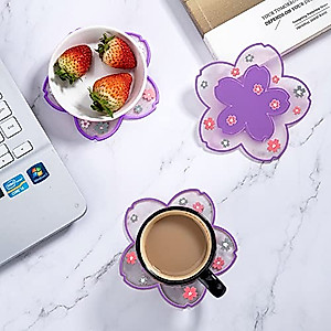 Conisy Flower Coasters for Drinks,6 Pcs Cute Non-Slip Washable Reusable Heat Resistant Silicone Coasters (Sakura,Purple & White)