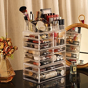 Cq acrylic 4 Pack Clear Skincare Organizer for Vanity,Stackable 11 Drawers Make Up Organizer,Cute Cosmetic Organizer for Vanity Jewelry,Hair Clip,Beauty,Skincare Product Dresser Acrylic Desk Organizer