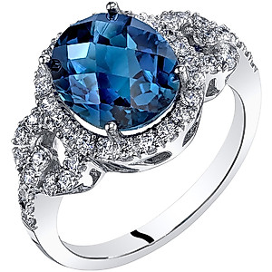 PEORA London Blue Topaz Ring for Women 14K White Gold, Natural Gemstone Birthstone, Large 3 Carats Oval Shape 10x8mm, Comfort Fit, Size 9