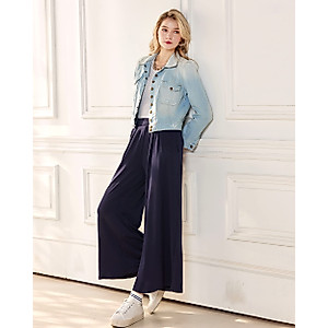 noflik Women's Comfy High Waisted Knit Wide Leg Pants with Elastic Waistband (Navy, XL)