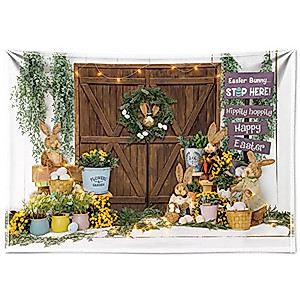Seasonwood 7x5ft Fabric Spring Easter Backdrops for Photography No Wrinkles Wood Floor Bunny Rabbit Eggs barn Background Kids Baby Portrait Banner Photo Decor Photoshoot Prop Props Favors
