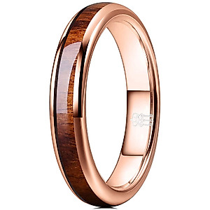 THREE KEYS JEWELRY 4mm Tungsten Carbide Wedding Ring for Women with Koa Wood Inlay Plated Rose Gold Domed Wedding Band Engagement Ring Comfort Fit Size 7