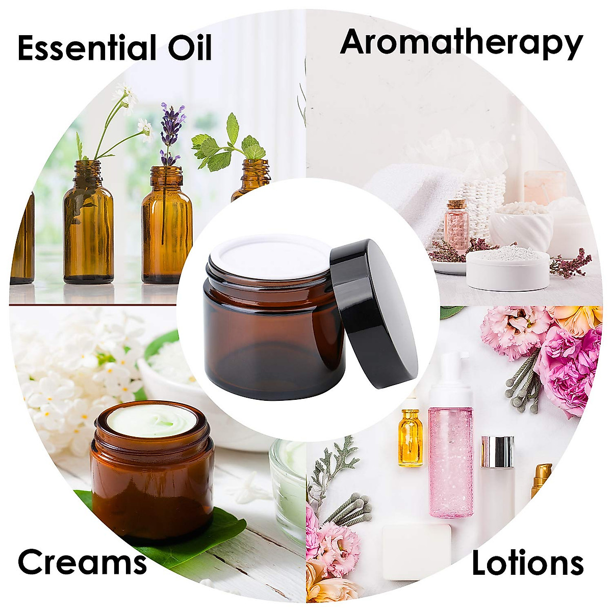 2 oz Round Glass Jars (6 Pack) - Empty Cosmetic Containers with Inner Liners, black Lids and Glass Sample Jars with lables (Amber) by THETIS Homes