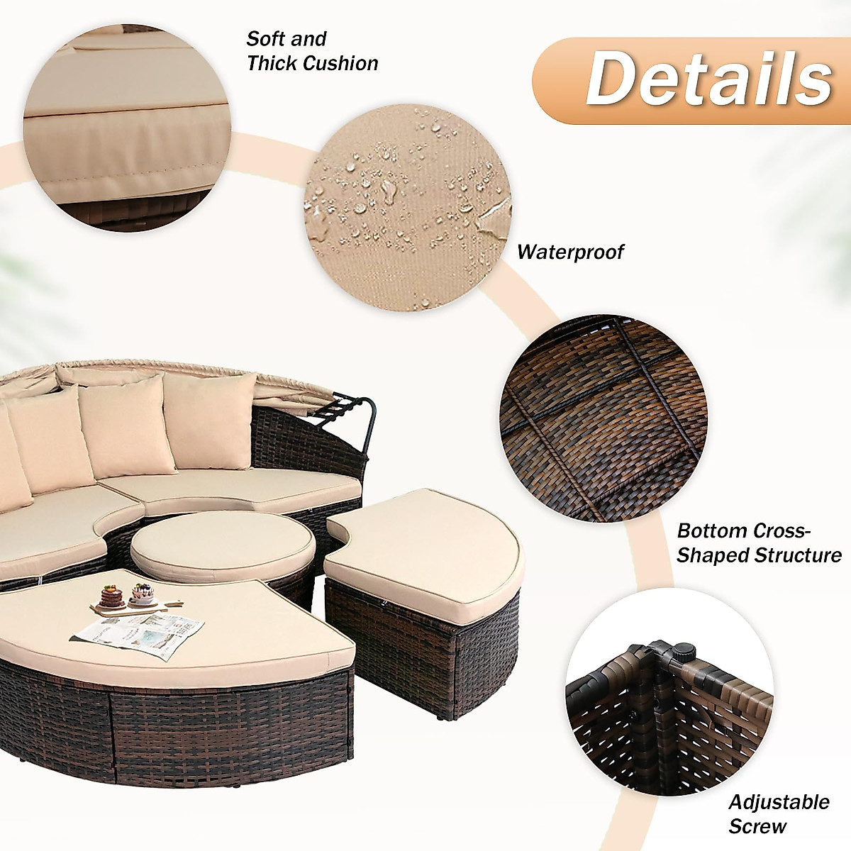 SOLAURA Outdoor Round Daybed, Patio Daybed with Retractable Canopy and Brown Wicker Patio Sectional Sofa, Seating Separates Cushioned Seats (4 Light Brown Pillow)
