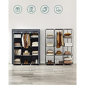 SONGMICS 51-Inch Portable Closet, Wardrobe Storage Organizer with 10 Shelves, Closet System with Hanging Rods and Cover, for Hanging Clothes, Quick and Easy Assembly, Grey URYG93G