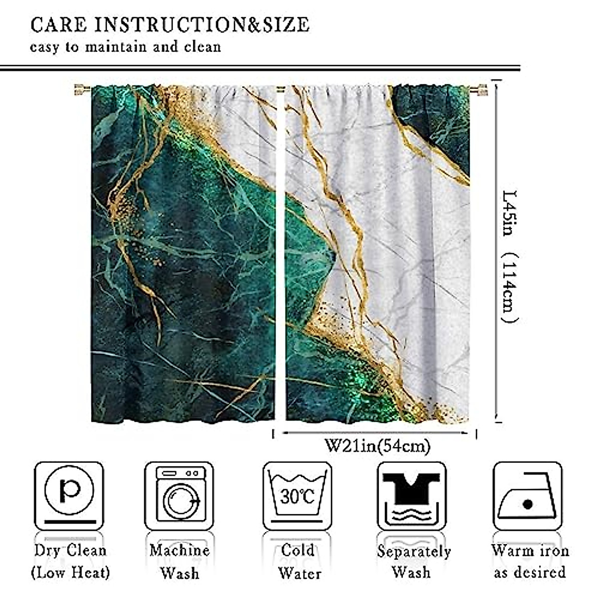 Marble Blackout Curtain,Ombre Emerald Green Golden Texture Backdrop Drapes,Rod Pocket Insulated Window Curtains for Living Room Bedroom Kitchen,42x45in