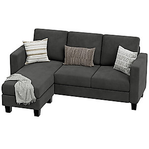 VICTONE Convertible Sectional Sofa Couch, 3 Seat L-Shaped Sofa with Linen Fabric Ottoman Small Couch for Small Apartments, Living Room and Office (Dark Gray)