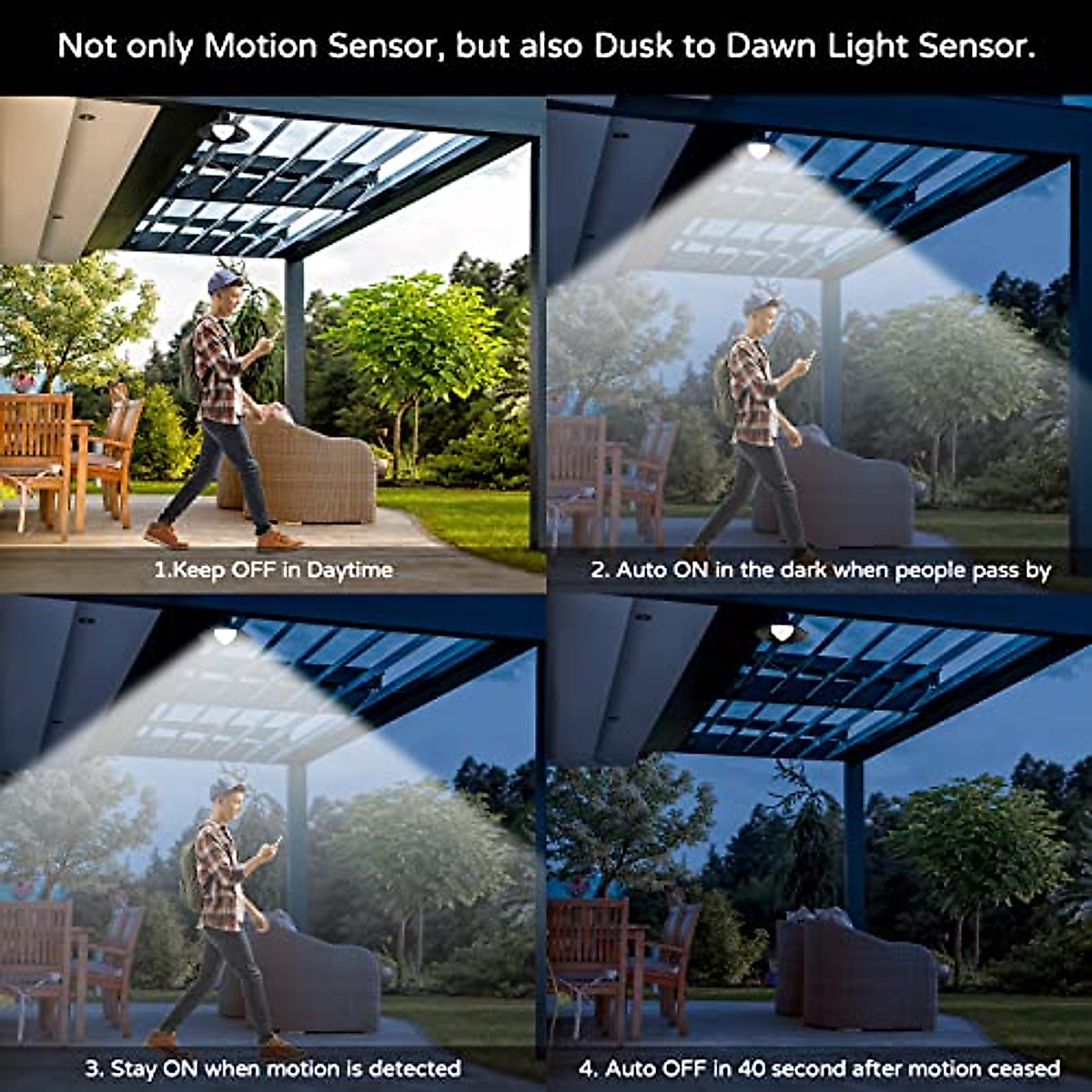 Minpory Motion Sensor Light Bulbs Outdoor, Movement Activated Dusk to Dawn LED Security Bulbs, 13W(100W Equivalent) A19 E26 5000K Daylight Cool White for Garage Porch Basement Hallway Closet, 2 Pack