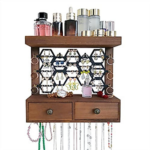 Wall Mounted Hanging Jewelry Organizer with 2 Big Storage Wooden Drawers + Honeycomb Earring Holder. Jewelry Stand with 2-layer Shelves +18 Necklace Hooks Display Bracelet, Ear Studs, Ring. Girl Gift