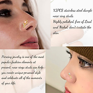 WAINIS 12pcs 20G Dangle Nose Rings Studs for Women Stainless Steel L Shaped Nose Studs Heart Arrow Feather Snowflake Wing CZ Dangling Nose Piercing Jewelry Gold