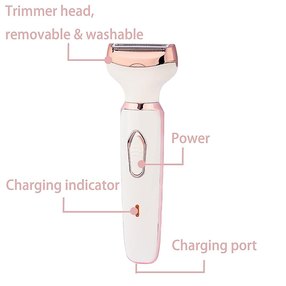 Electric Razor for Women, Hair Trimmer for Underarms Nose Eyebrows and Legs, Painless 4 in 1 Bikini Pop-Up Trimmer Rechargeable with Detachable Head, Wet and Dry Cordless Hair Clipper