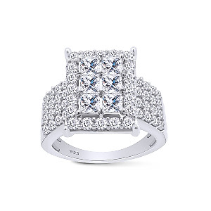 AFFY 5CTW Princess Cut And Round Simulated Diamond Cluster Engagement Ring In 14k White Gold Plated 925 Sterling Silver Jewelry Gift For Her Size-10