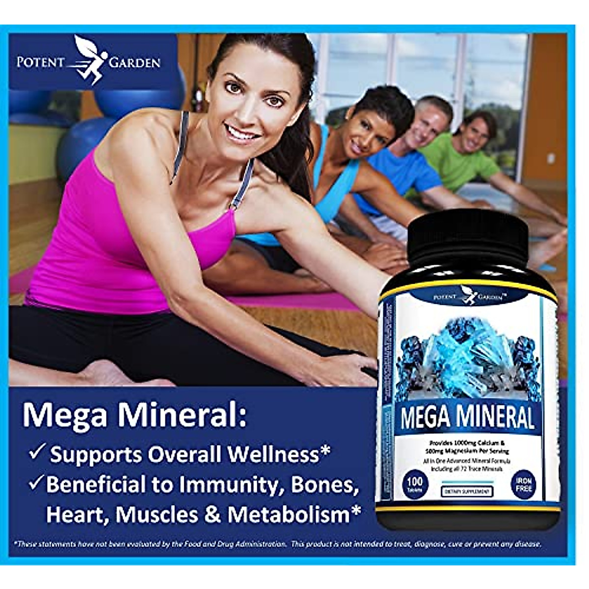 Potent Garden Mega Mineral Supplement Complete Mineral Complex with Calcium Magnesium Zinc Potassium Boron Selenium Chromium & 72 Trace Minerals Iron Free Calcium Supplement -100 Pills