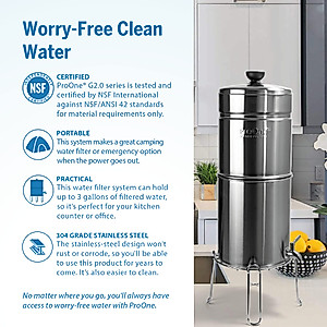 ProOne Big+ Gravity Water Filter System - High Capacity 3-Gallon Polished Stainless Steel NSF Certified Water Filter Dispenser & 2 Filters