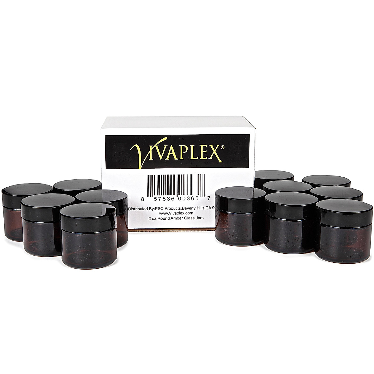 Vivaplex, 12, Amber, 2 oz, Round Glass Jars, with Inner Liners and black Lids