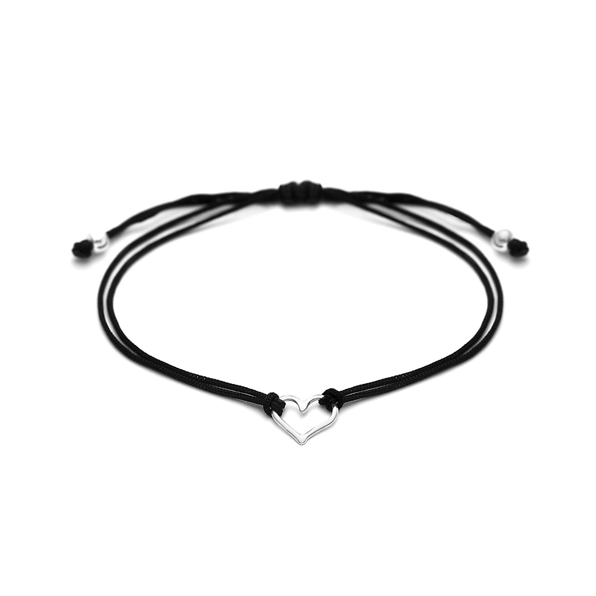 Claudia Lira Joyas Black Womens Friendship Bracelet, Small Handmade Sterling Silver 925 Open Heart Shaped Charm, Pull Adjustable Kindred Cord Thread. Handmade Heart Gift Set